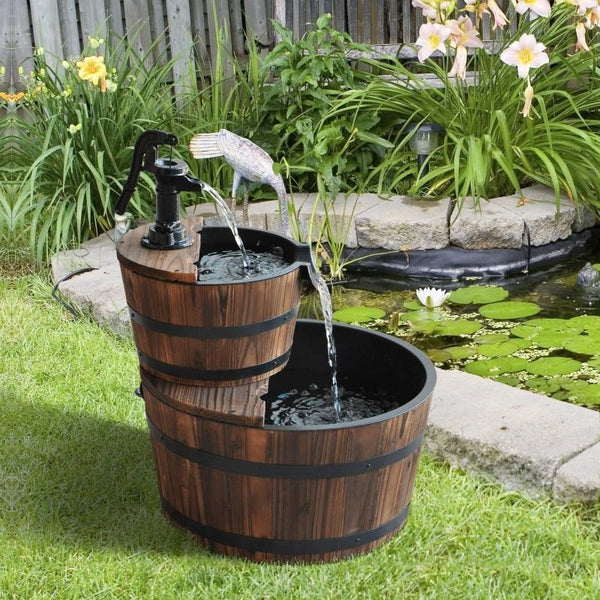 Outdoor 2-Tier Solid Wood Whisky Barrel Waterfall Fountain with Electr ...