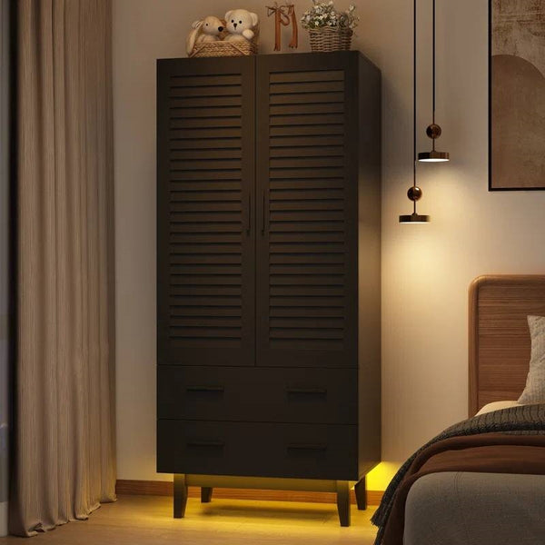 Matte Black Mid-Century Wardrobe Armoire with Louver Doors and LED Lig ...