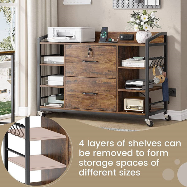 Brown Printer Stand Bookcase Power Station Mobile Office File Cabinet ...