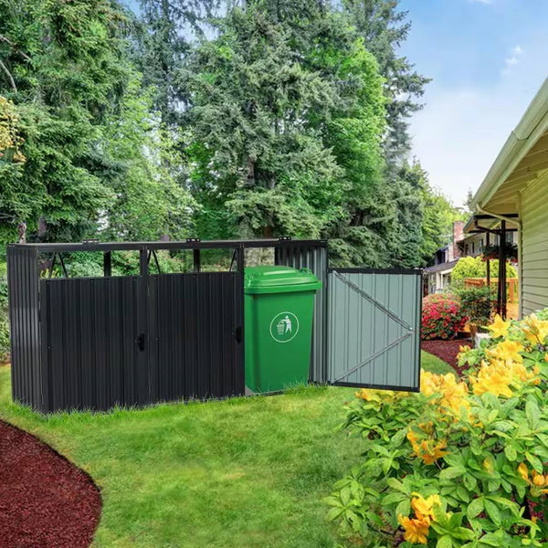 Outdoor Black Galvanized Steel Garbage Bin Storage Shed - Holds 3 Tras ...
