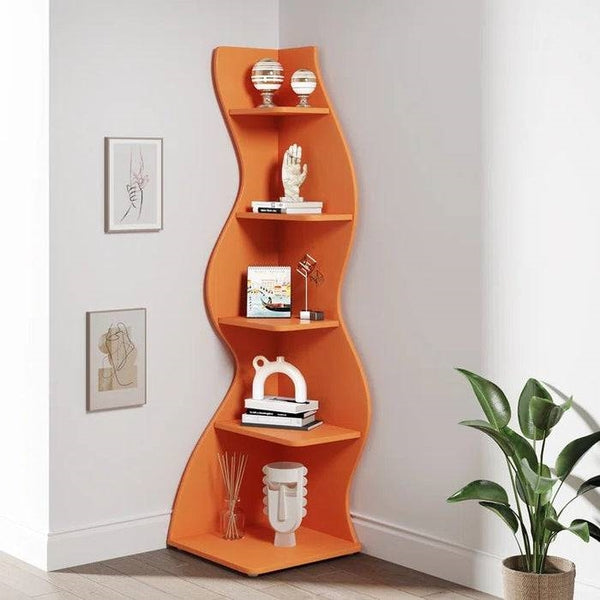 Modern Wave Shape 5 Shelf Corner Bookcase in Orange Wood Finish ...