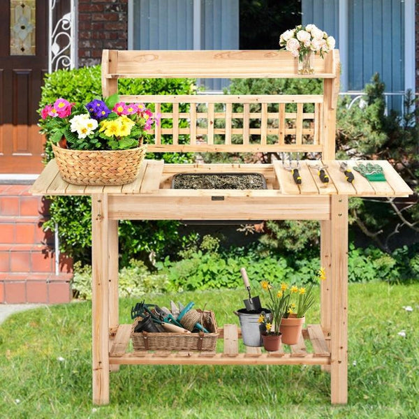Solid Wood Garden Potting Bench Table with Bottom Shelf and Removeable ...