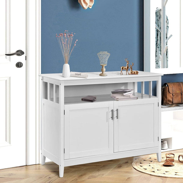 White Wood 2-Door Dining Buffet Sideboard Cabinet with Open Storage Sh ...